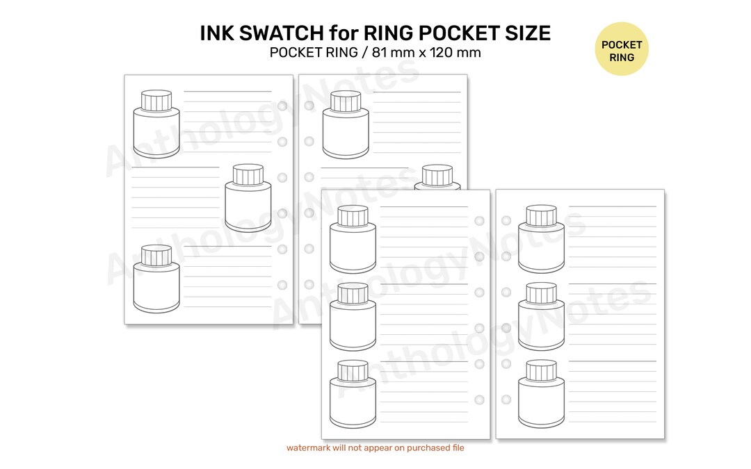 POCKET Ring Size Fountain Pen Ink Swatch Printable Planner Insert ...