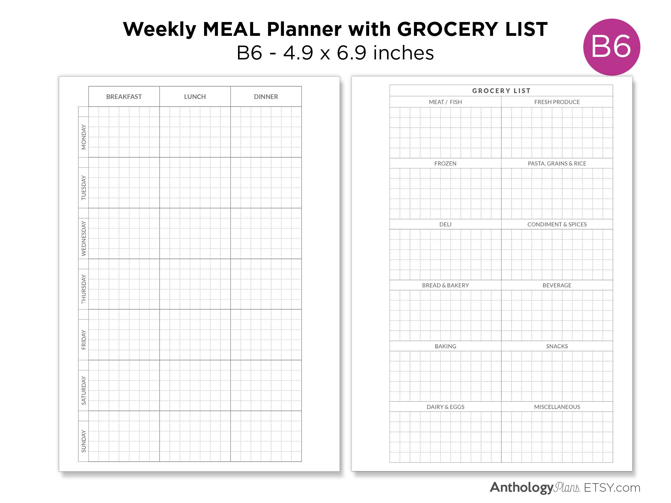 B6 Weekly MEAL Planner Printable Planner Insert MENU Plans With Grocery ...