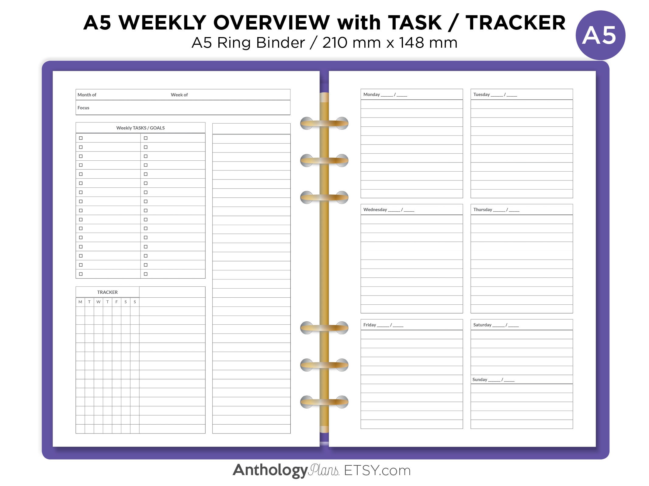 A5 Weekly View Summary Printable Insert for Ring Binders Planner Wo2p ...