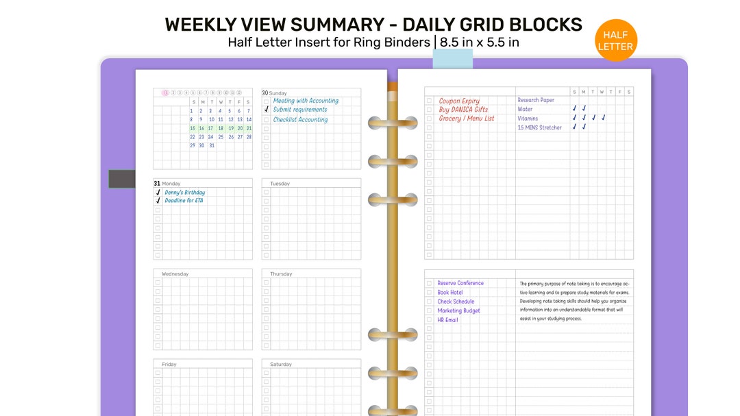 HALF Letter Weekly Summary Grid With DAILY Blocks Printable Ring ...