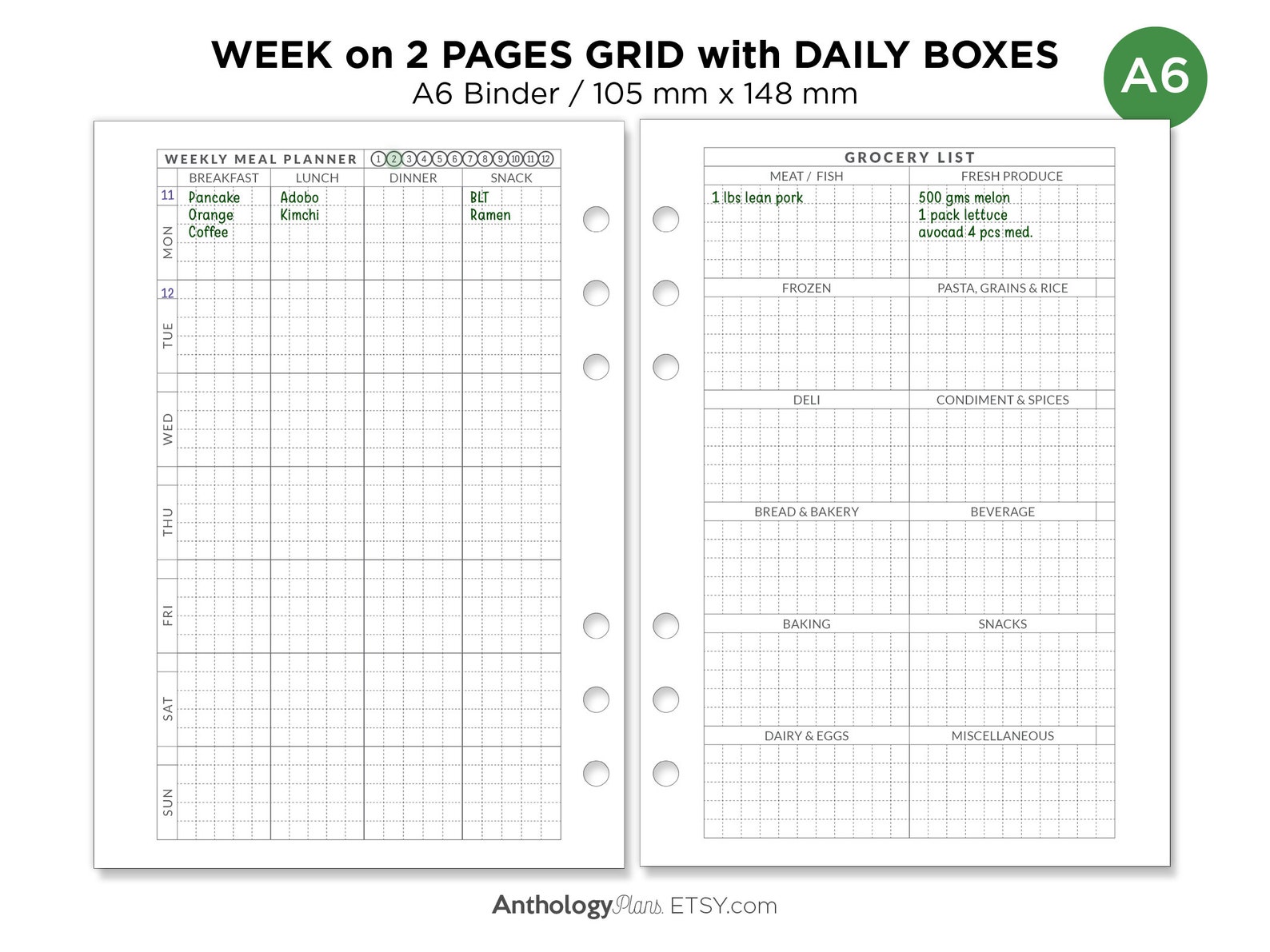 Weekly MENU GRID With Grocery List A6 Printable Planner Insert Ring ...