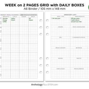 Weekly MENU GRID With Grocery List A6 Printable Planner Insert Ring ...