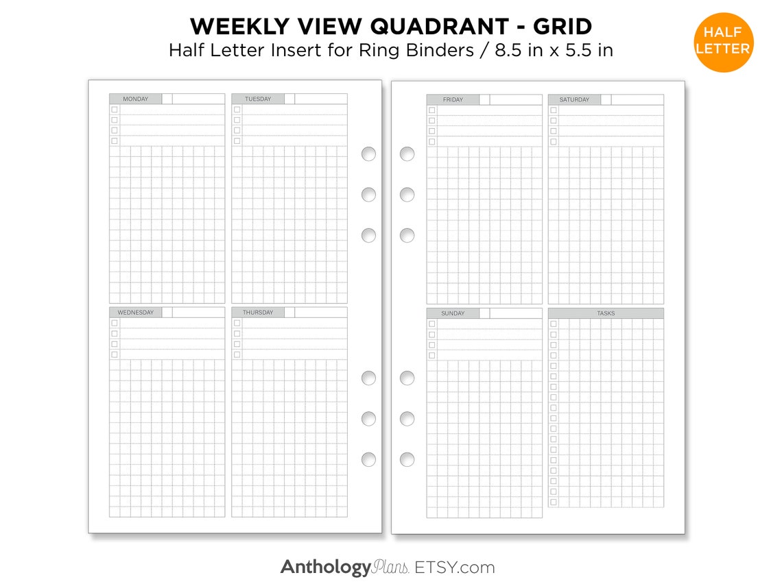 Half Letter Weekly Vertical Quadrant Grid Based Printable Planner ...