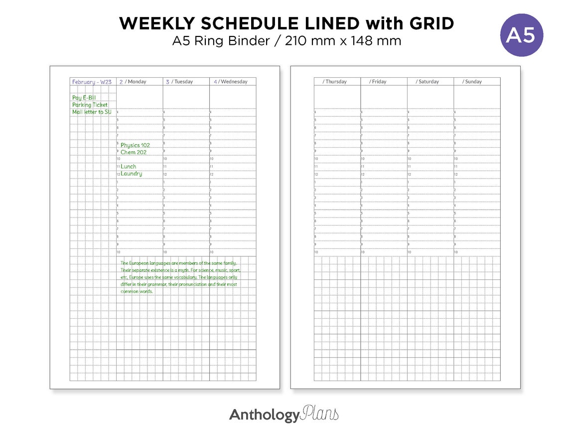 A5 Weekly Schedule Lined With Grid Lines Printable Insert for Ring ...