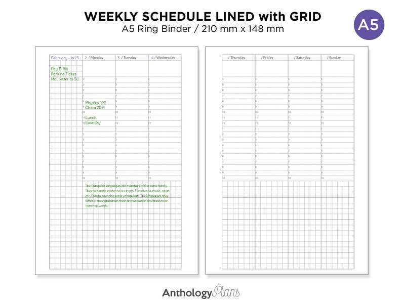 A5 Weekly Schedule Lined With Grid Lines Printable Insert for Ring ...
