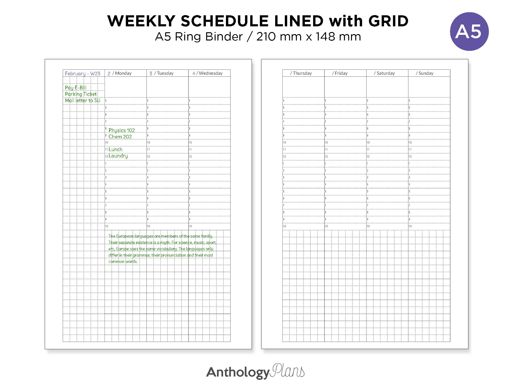 A5 Weekly Schedule Lined With Grid Lines Printable Insert for Ring ...