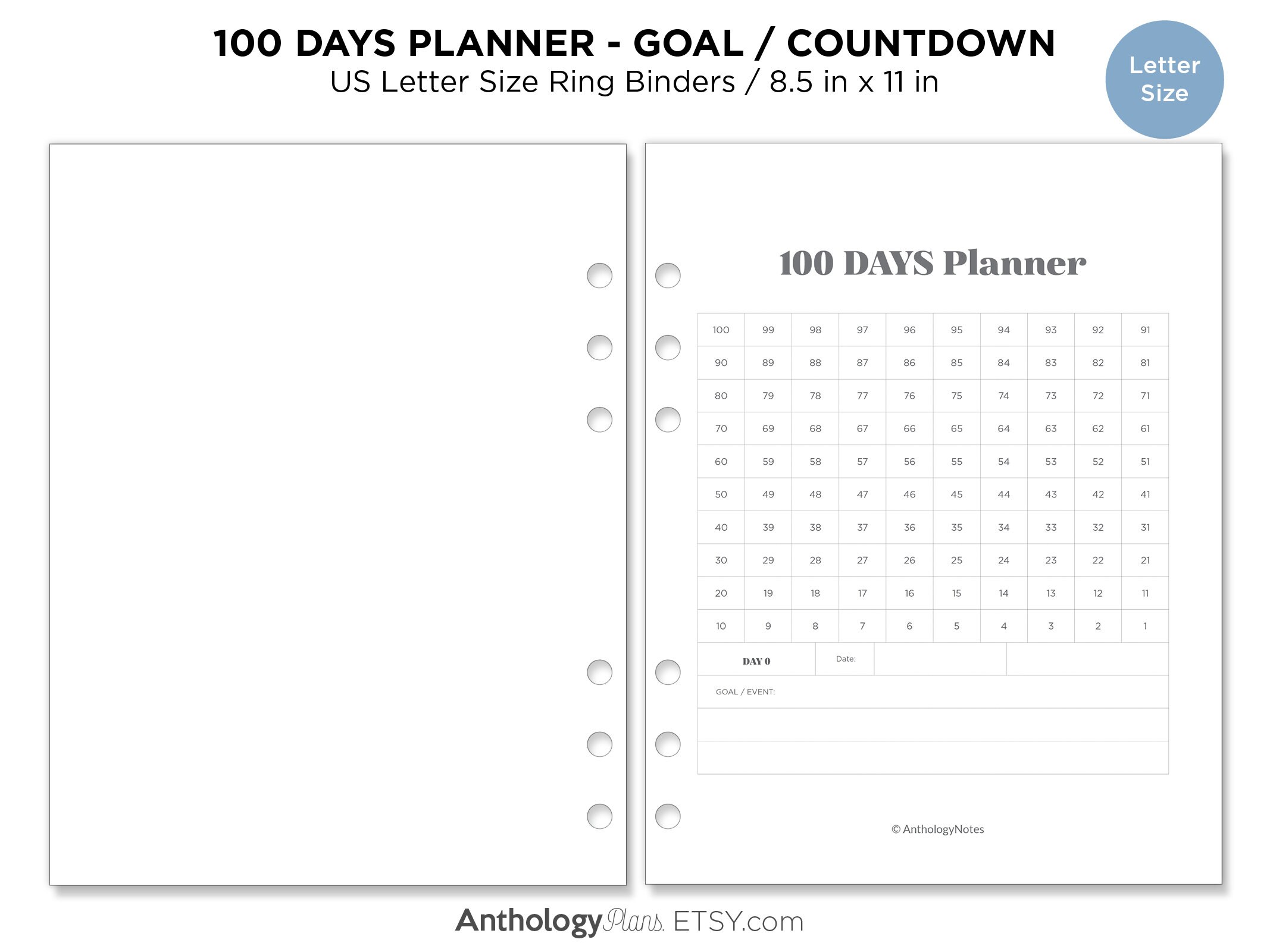 100 Days Goal Setting Countdown Planner LETTER Size - Etsy