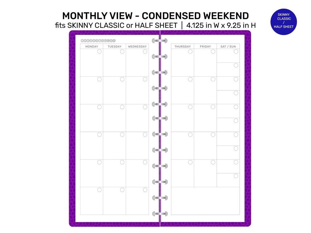 Monthly View Classic CONDENSED Weekend | Skinny | Half Sheet Undated ...