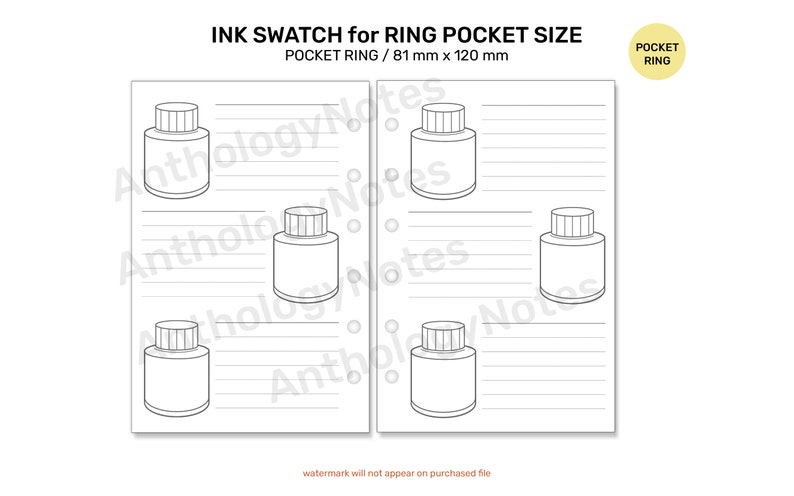 POCKET Ring Size Fountain Pen Ink Swatch Printable Planner Insert ...