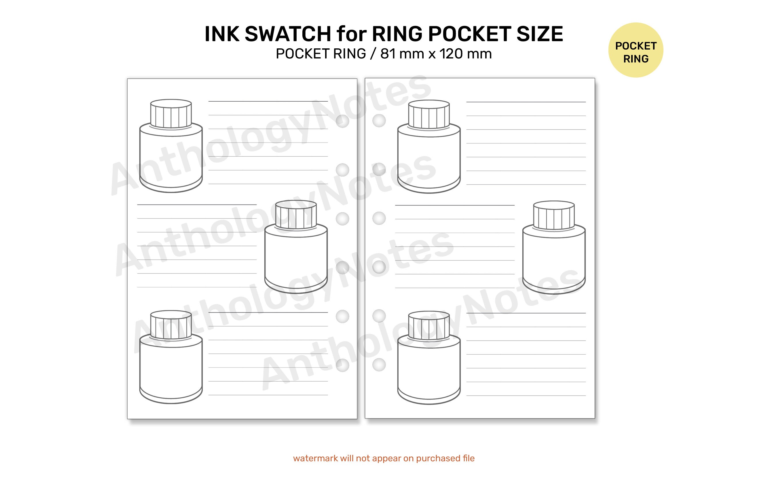 POCKET Ring Size Fountain Pen Ink Swatch Printable Planner Insert ...