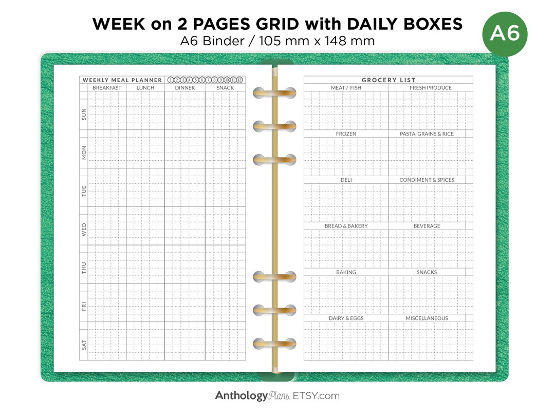 Weekly MENU GRID With Grocery List A6 Printable Planner Insert Ring ...