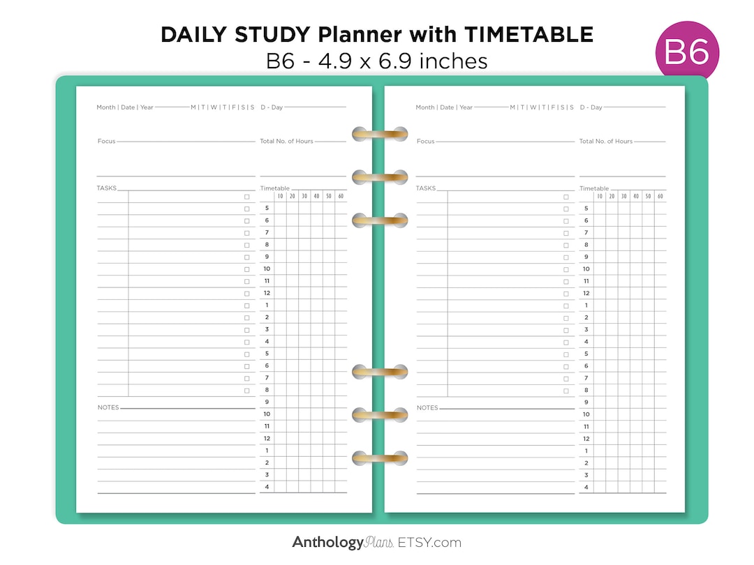 B6 DAILY Study Planner With Timetable for Ring or Discbound Binders ...