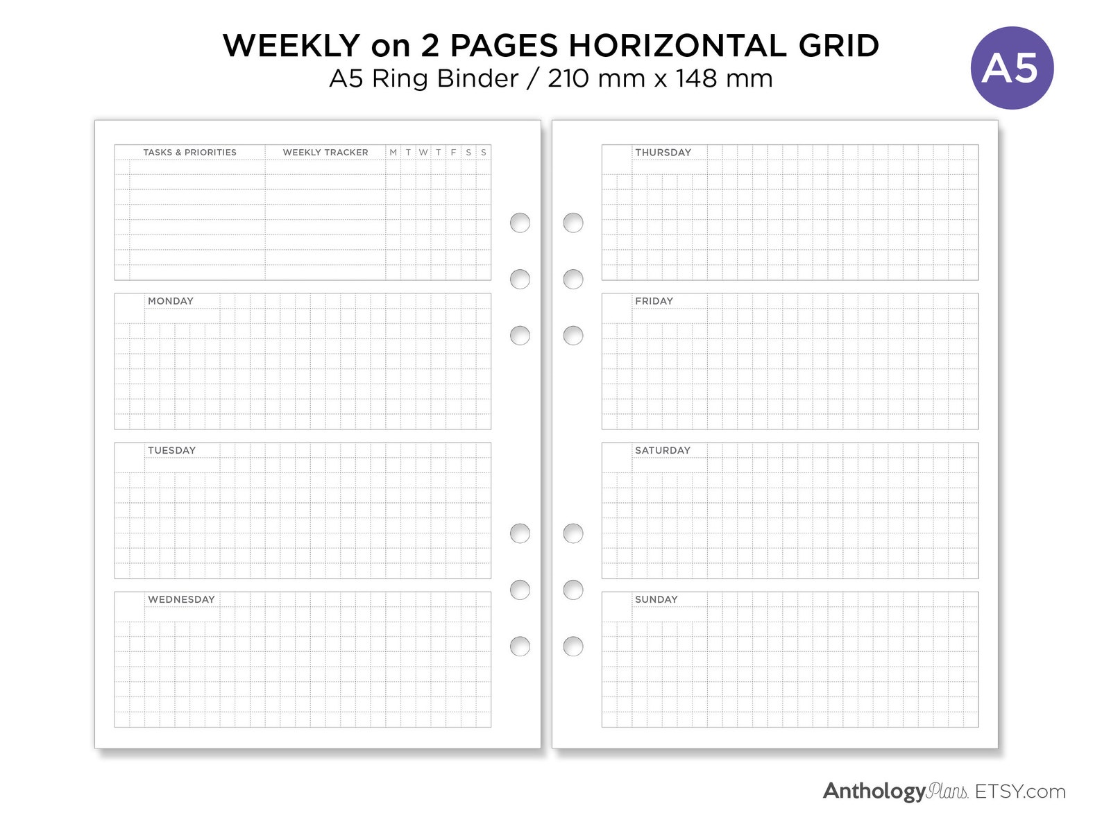 A5 Grid Week on 2 Pages, HORIZONTAL Planner Insert Refill, With Weekly ...