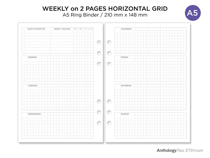 A5 Grid Week on 2 Pages, HORIZONTAL Planner Insert Refill, With Weekly ...