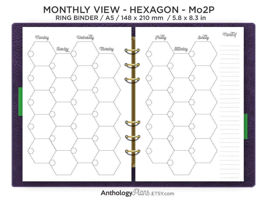 A5 Monthly View - HEXAGON - Mo2p - Unique Visual Planning Printable ...