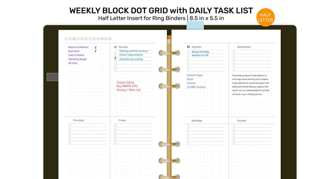 Half Letter Weekly Block Dot Grid Planner Printable Planner Insert ...