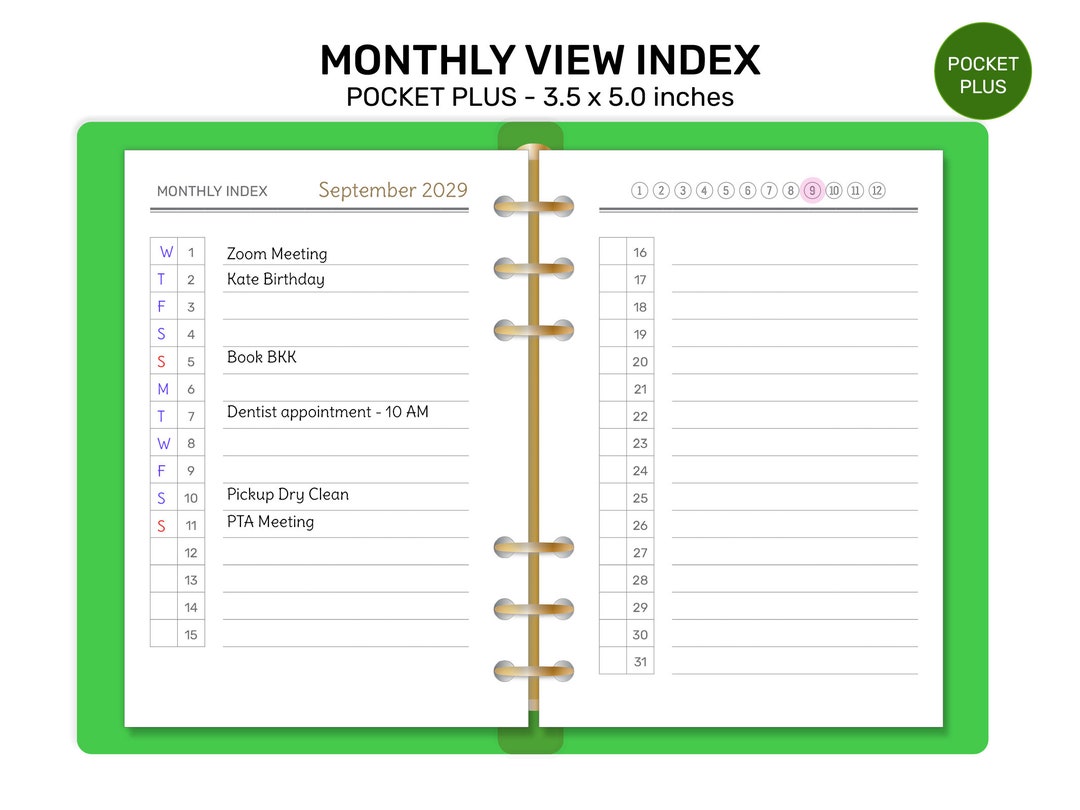 POCKET Plus MONTHLY INDEX - Printable Planner Insert for Ring Planner ...