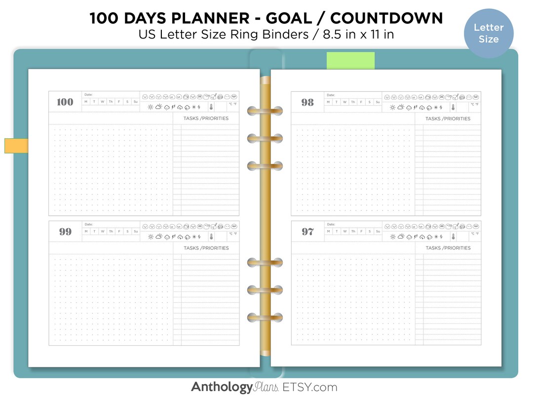 100 Days Goal Setting Countdown Planner LETTER Size - Etsy