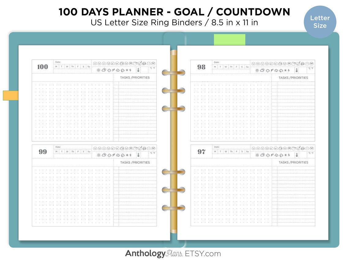 100 Days Goal Setting Countdown Planner LETTER Size - Etsy