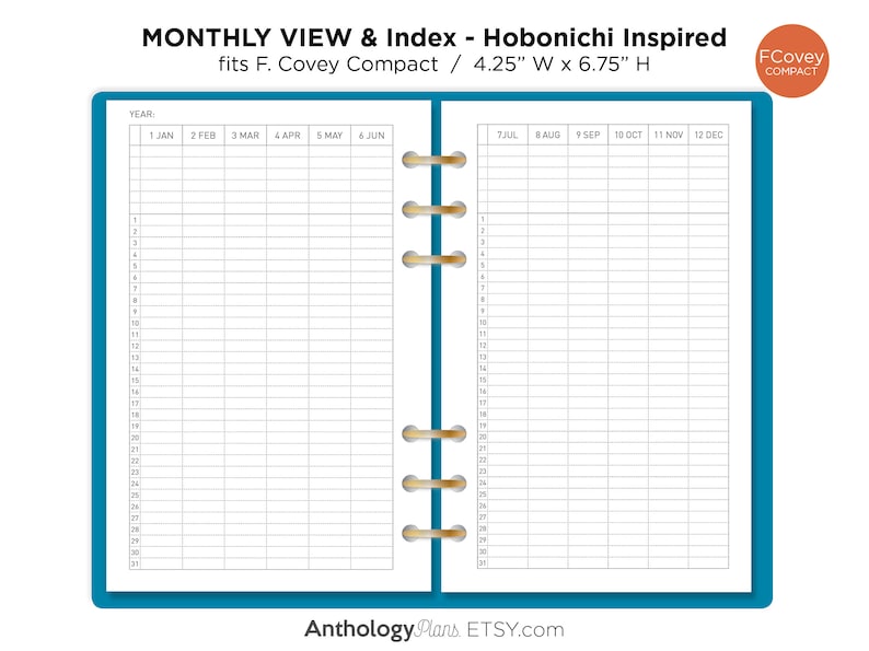 Compact Monthly & Index GRID HOBONICHI Inspired Printable Planner Ring ...