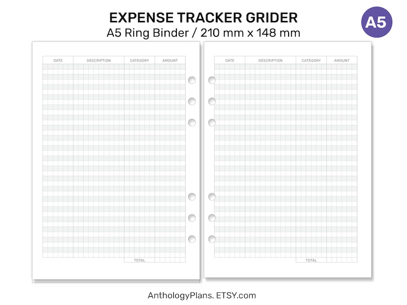 A5 Expense Tracker GRID Printable Planner Insert for Ring Binder ...