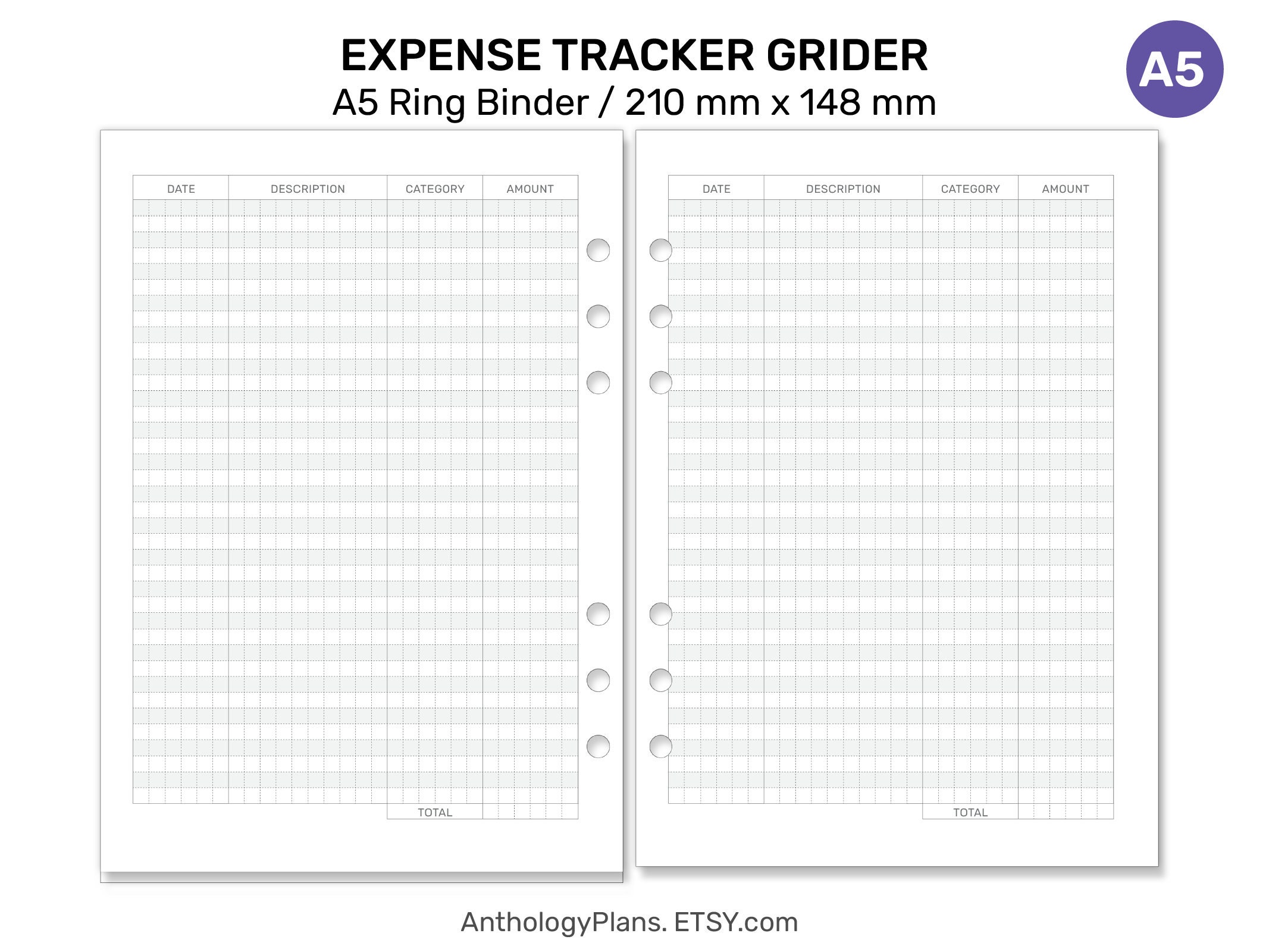 A5 Expense Tracker GRID Printable Planner Insert for Ring Binder ...