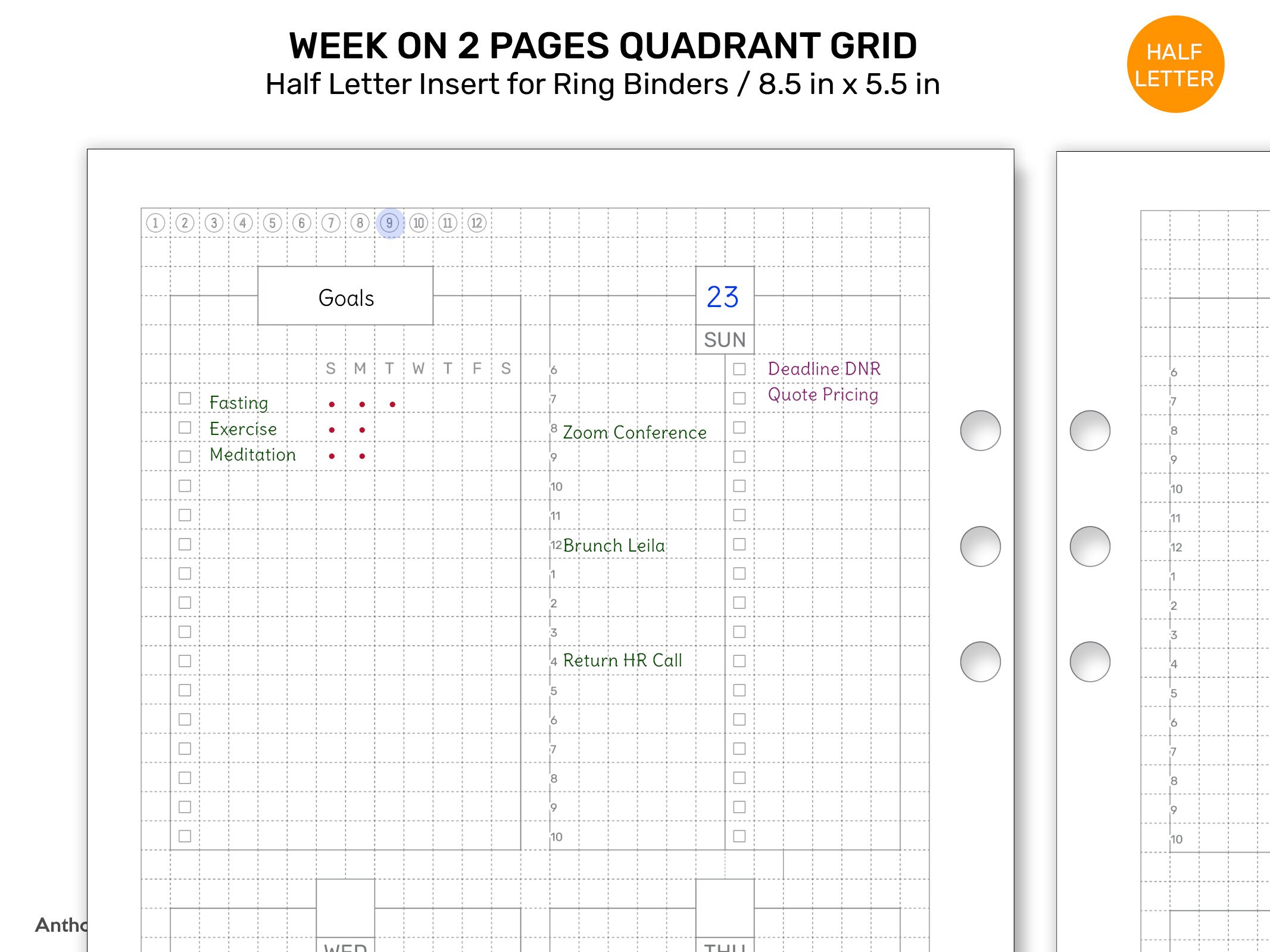 Half Letter WEEKLY Grid Quadrant With Timeline and Daily Task List ...
