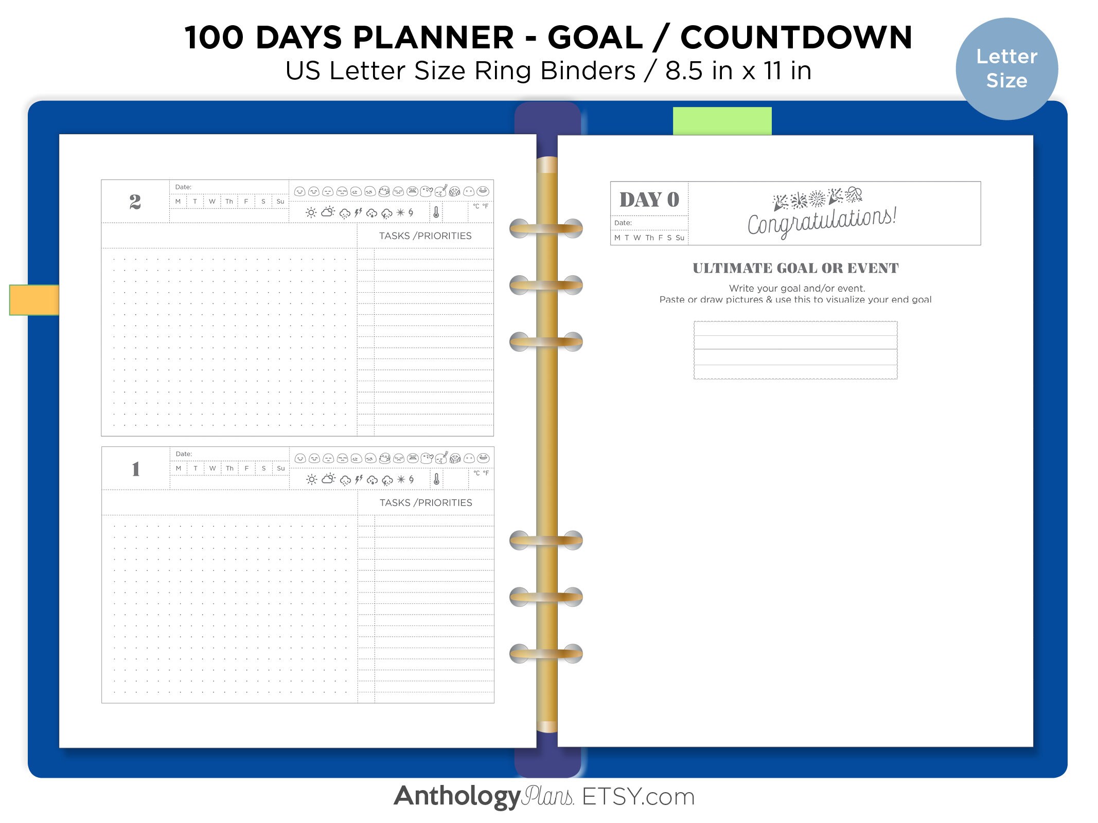 100 Days Goal Setting Countdown Planner LETTER Size - Etsy
