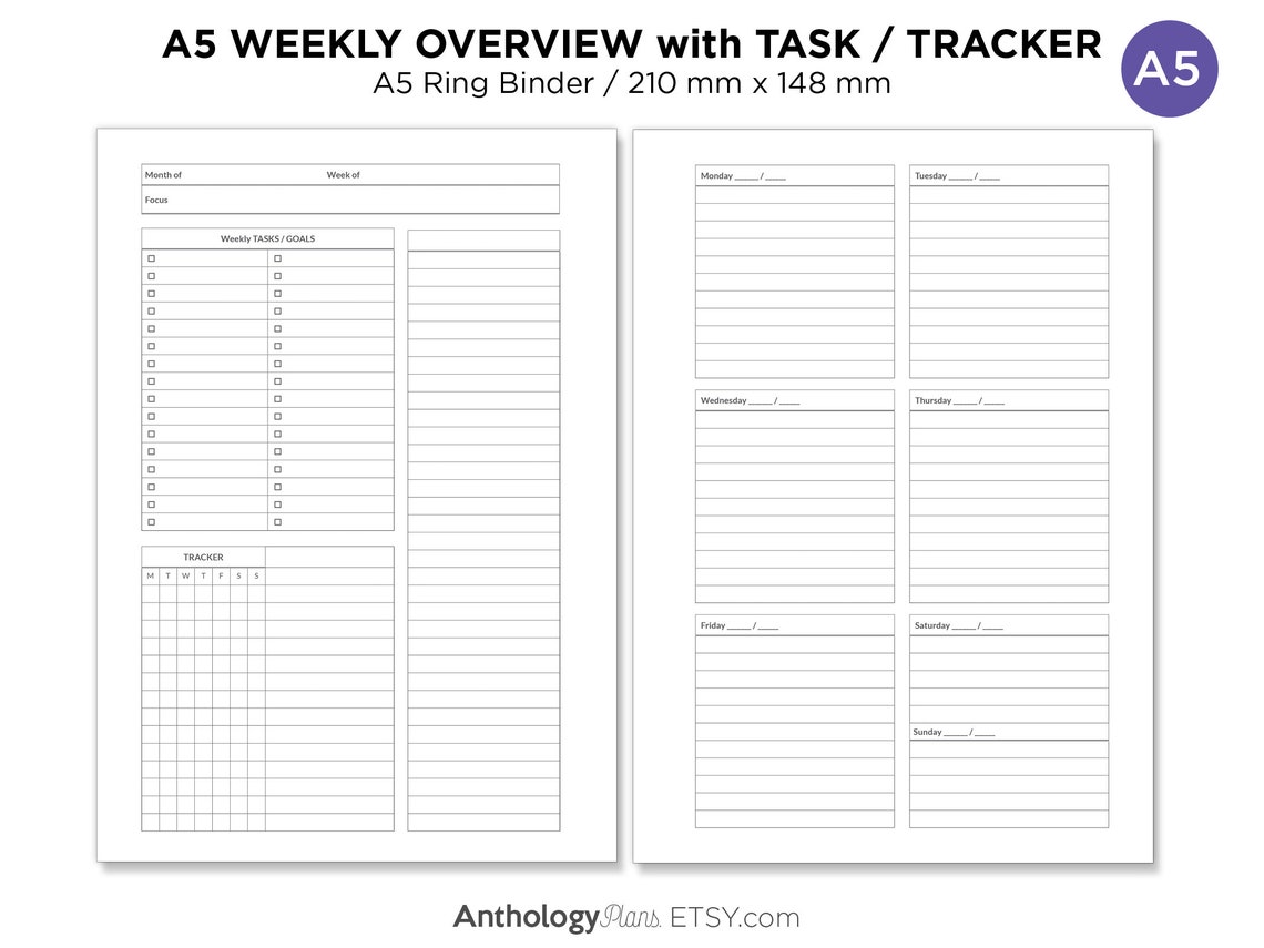 A5 Weekly View Summary Printable Insert for Ring Binders Planner Wo2p ...