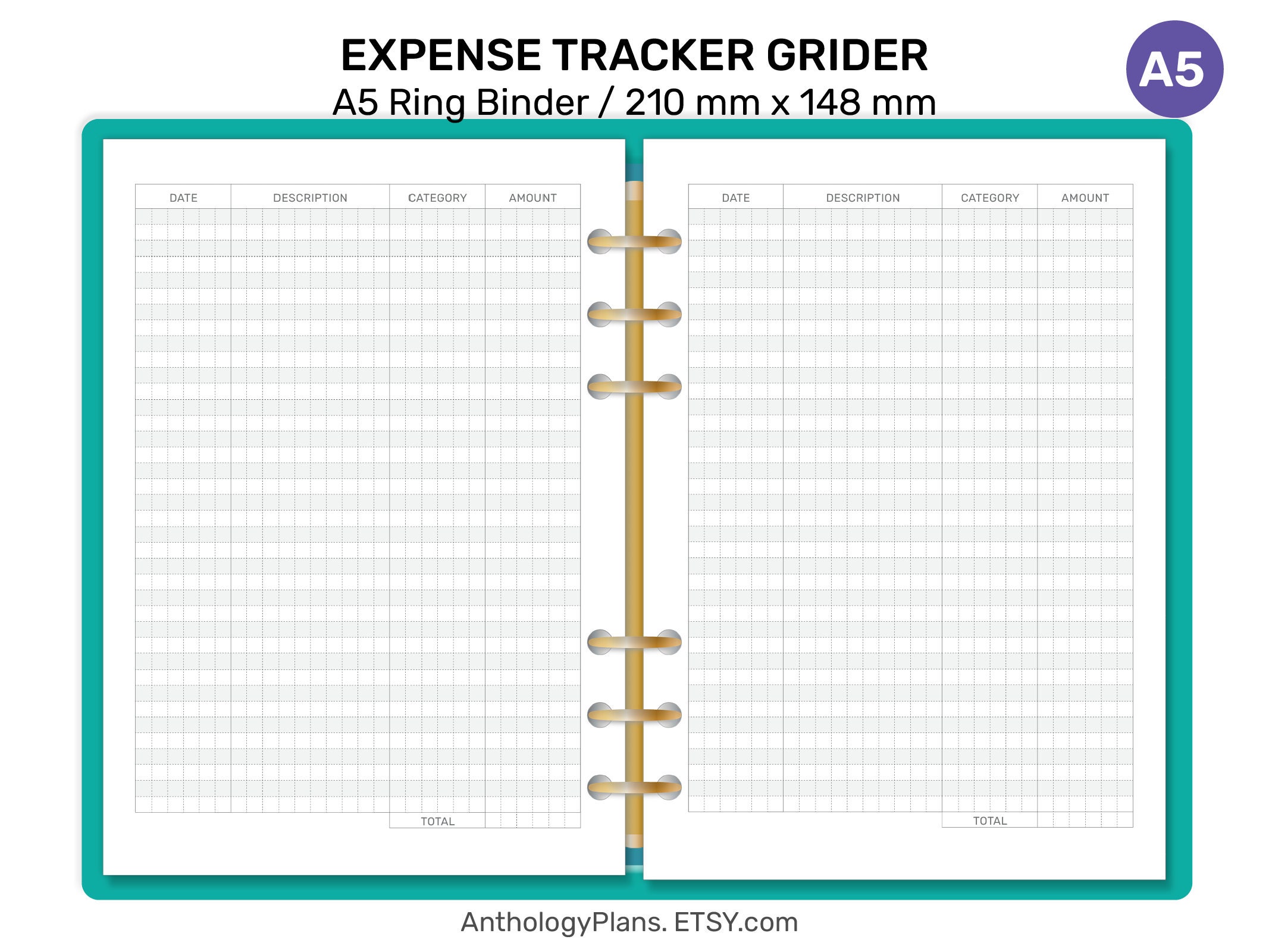 A5 Expense Tracker GRID Printable Planner Insert for Ring Binder ...