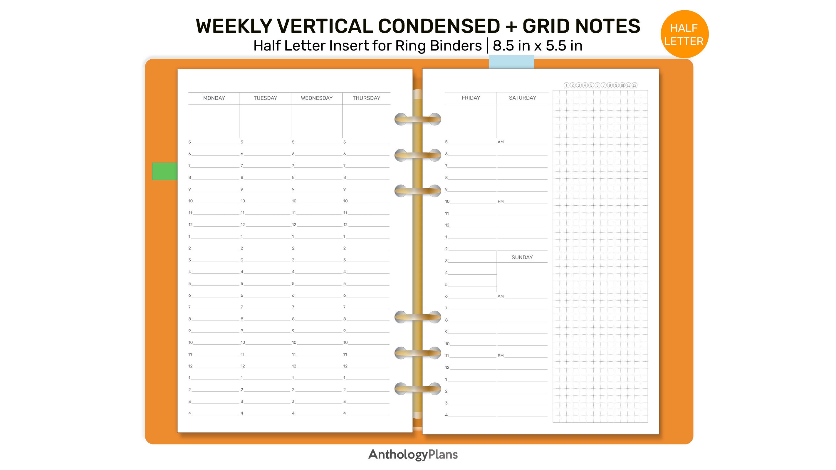 Half Letter WEEKLY VERTICAL Timestamp Condensed Weekend W/ Grid Notes ...