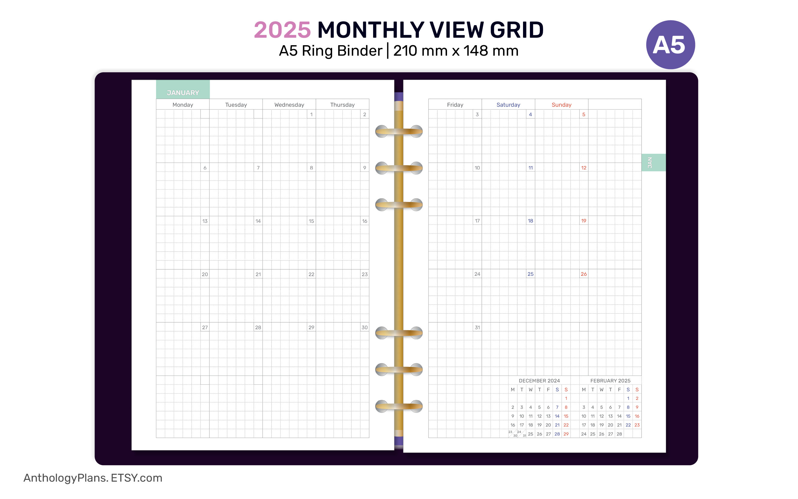 2025 A5 Monthly Planner Printable Planner GRID Month on 2 Pages, Mo2p ...