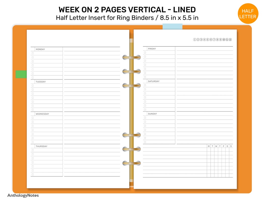 Half Letter WEEKLY HORIZONTAL Lined With Daily Task and Weekly Tracker ...