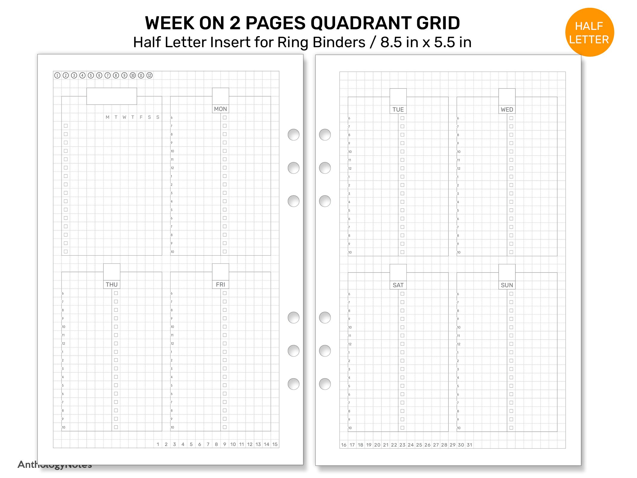 Half Letter WEEKLY Grid Quadrant With Timeline and Daily Task - Etsy