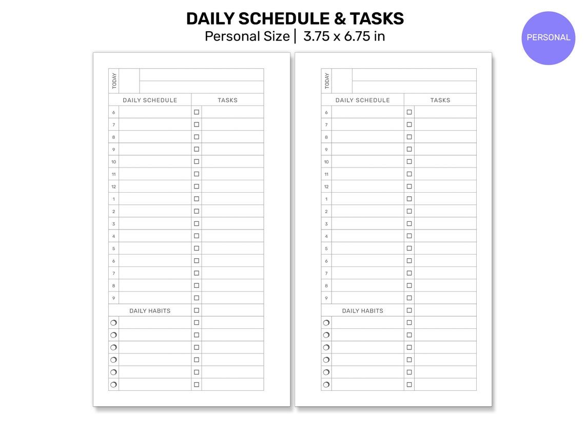 PERSONAL Size Daily Schedule With TASKS Printable Planner Insert ...