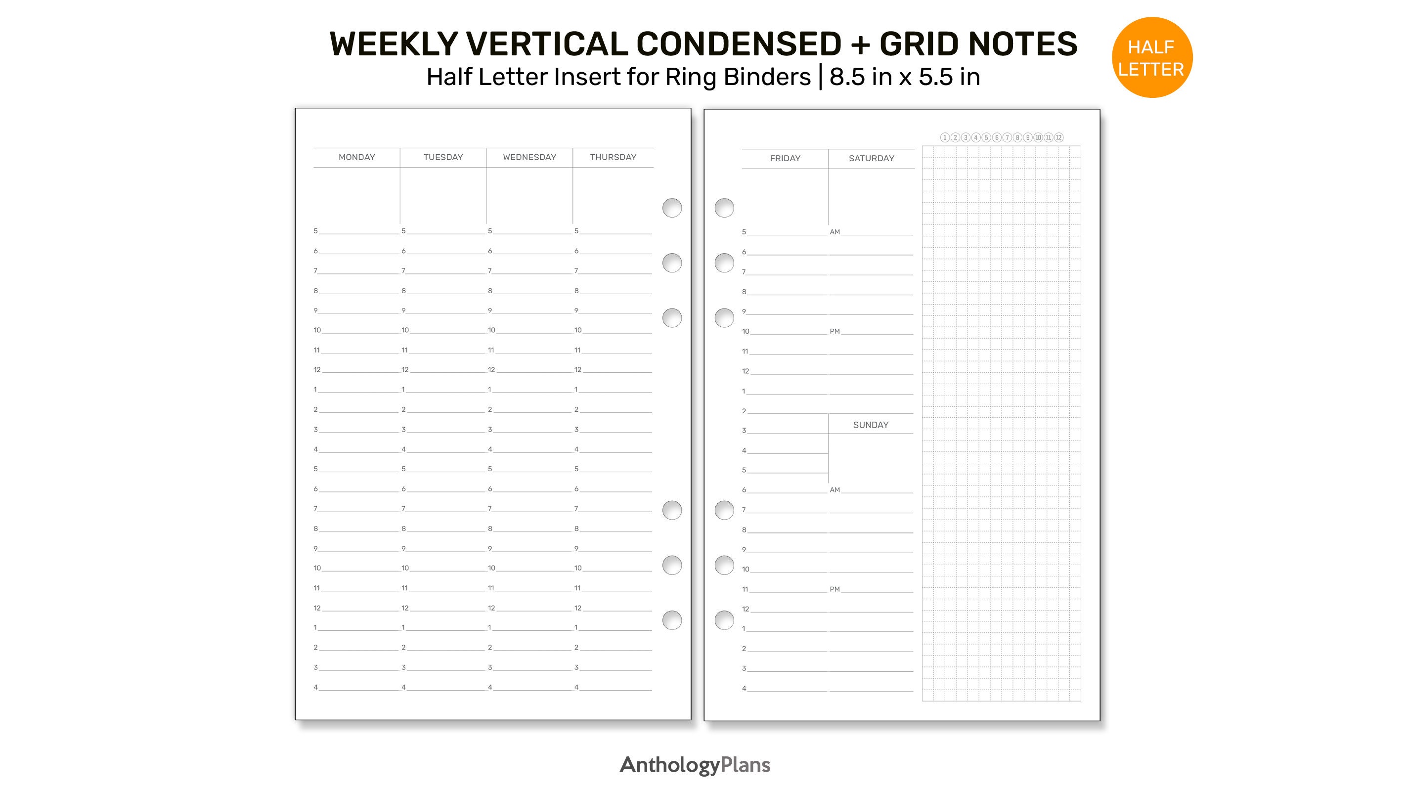 Half Letter WEEKLY VERTICAL Timestamp Condensed Weekend W/ Grid Notes ...