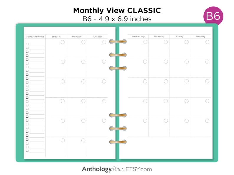 B6 MONTHLY View for RING or Discbound Printable Planner Refill Insert ...