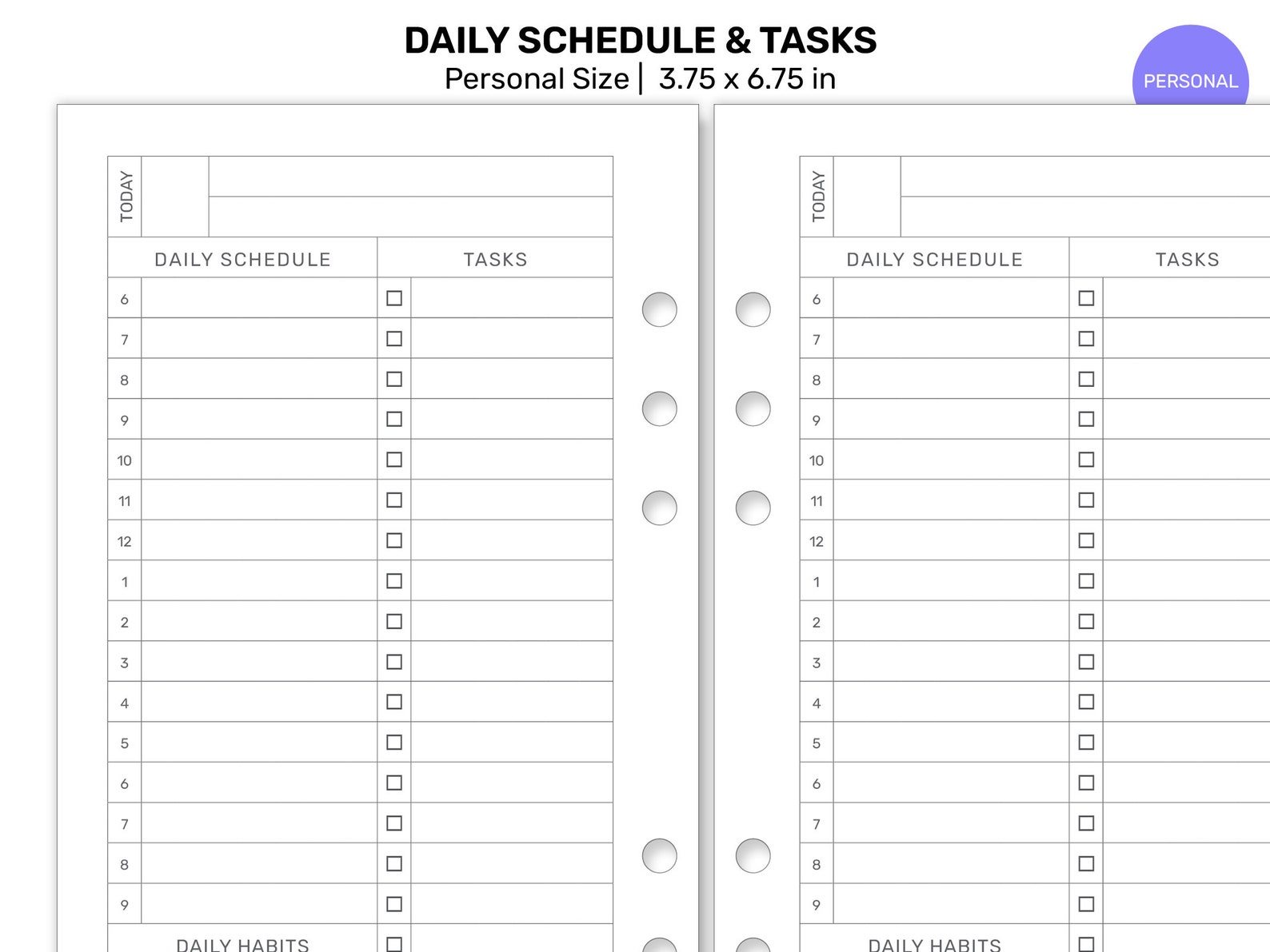 PERSONAL Size Daily Schedule With TASKS Printable Planner Insert ...