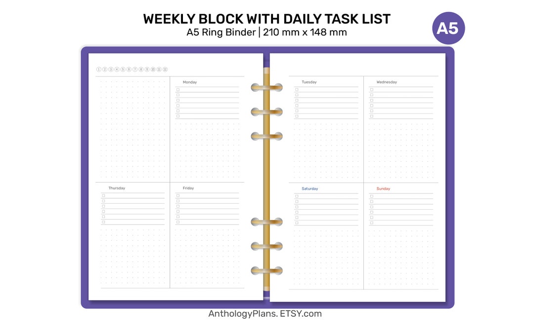 A5 Weekly Planner Dot Grid BLOCK With Daily Task List | Minimalist ...