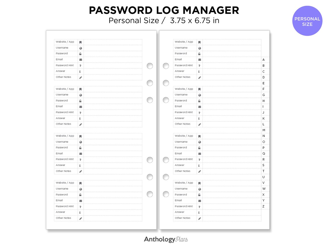 Personal Password Log Keeper Printable Insert for Ring Binders - Etsy