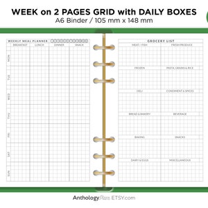 Weekly MENU GRID With Grocery List A6 Printable Planner Insert Ring ...