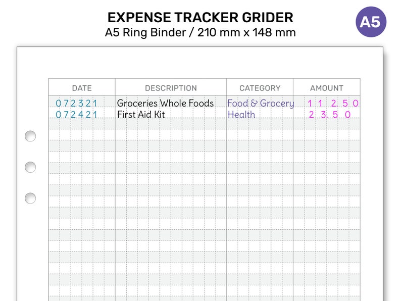 A5 Expense Tracker GRID Printable Planner Insert for Ring Binder ...