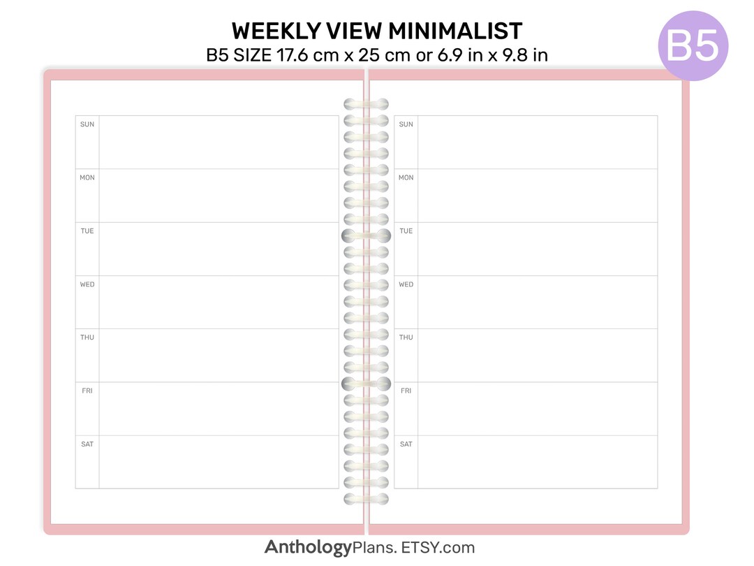 B5 HORIZONTAL Weekly HORIZONTAL Minimalist With Printable Planner ...