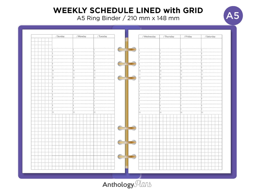 A5 Weekly Schedule Lined With Grid Lines Printable Insert for Ring ...