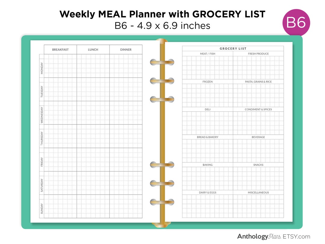 B6 Weekly MEAL Planner Printable Planner Insert MENU Plans With Grocery ...