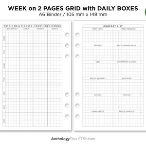 Weekly MENU GRID With Grocery List A6 Printable Planner Insert Ring ...
