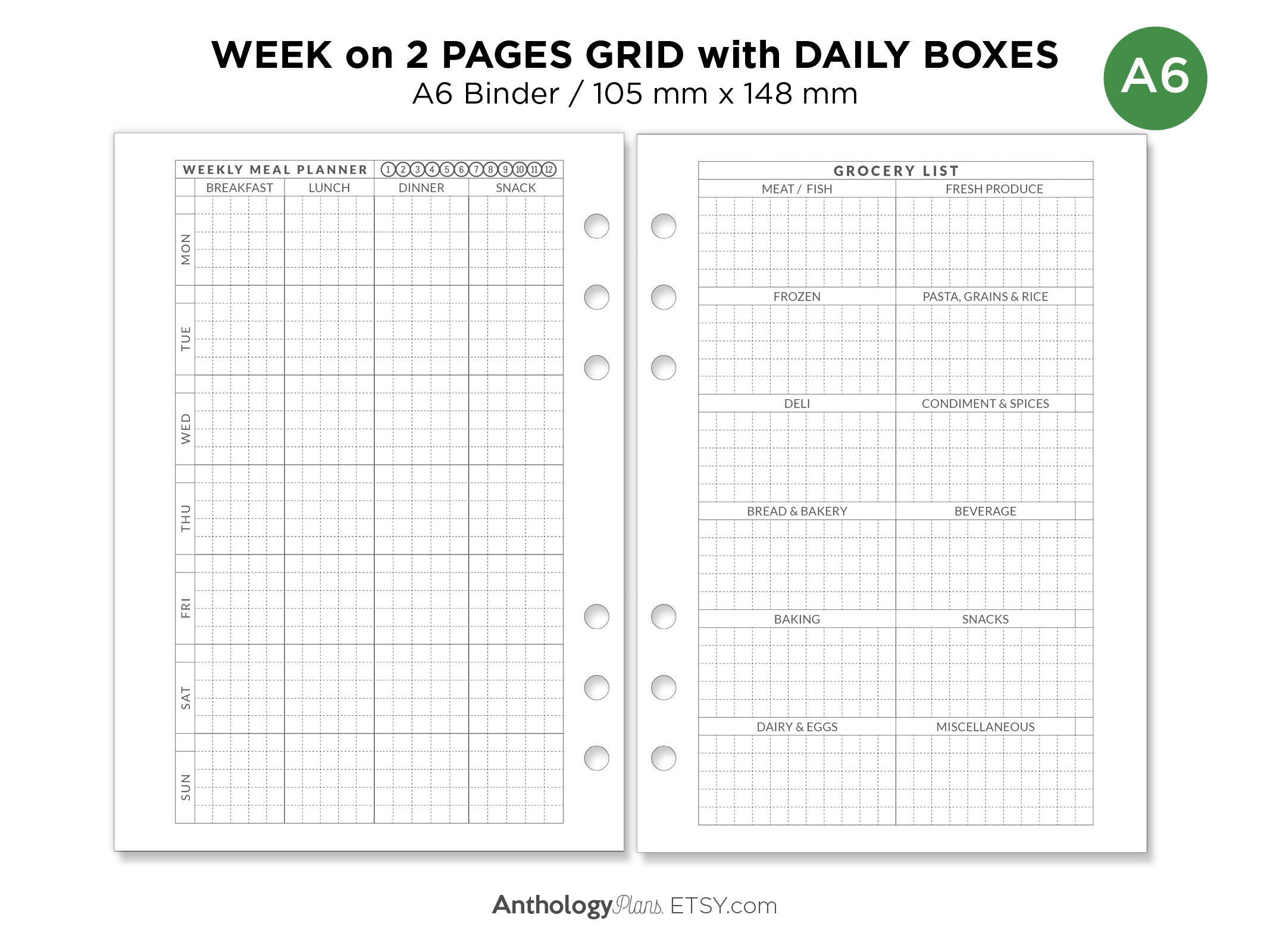 Weekly MENU GRID With Grocery List A6 Printable Planner Insert Ring ...