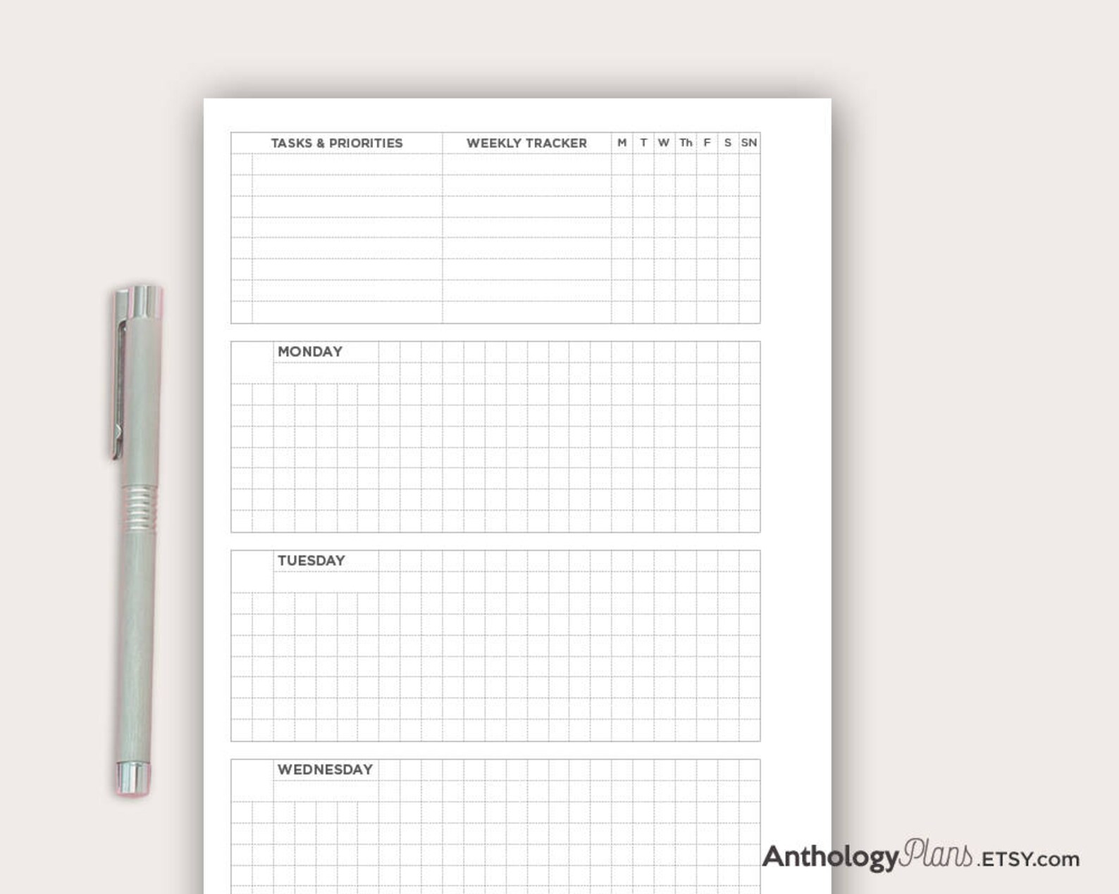 A5 Grid Week on 2 Pages, HORIZONTAL Planner Insert Refill, With Weekly ...