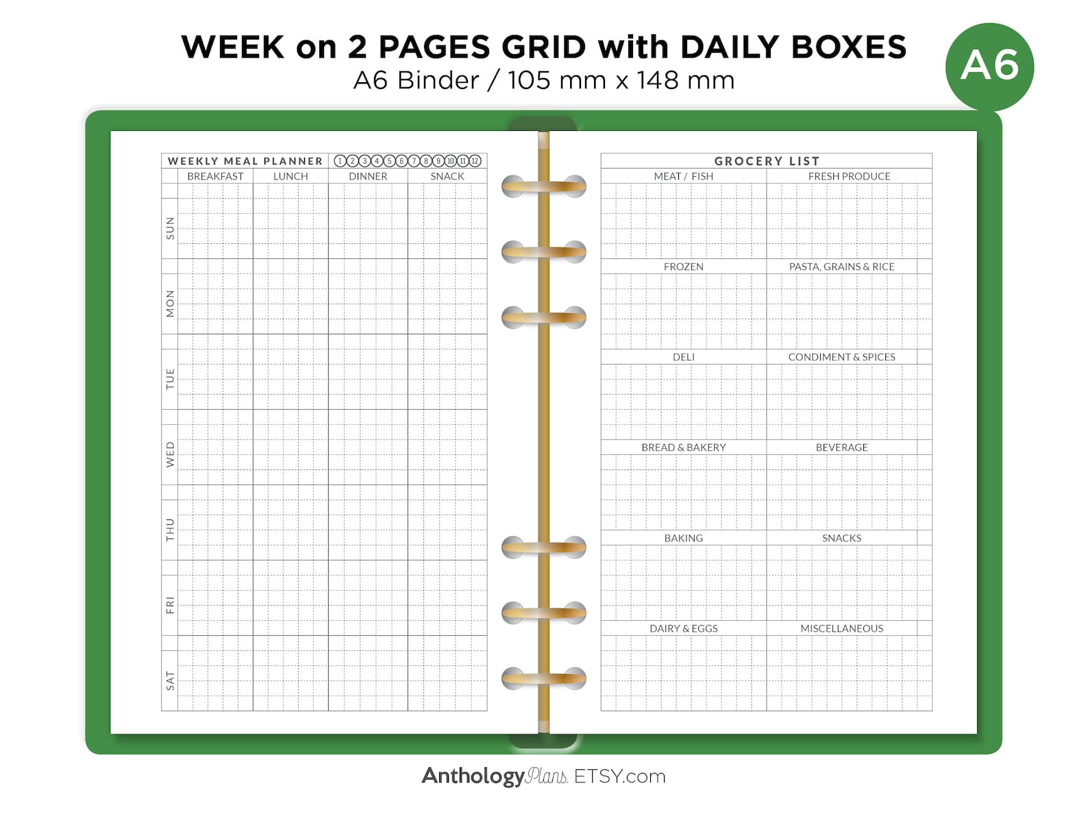 Weekly MENU GRID With Grocery List A6 Printable Planner Insert Ring ...
