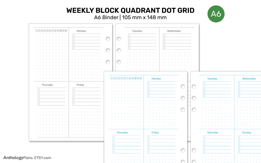 A6 Weekly Block Quadrant Dot Grid With Daily Task List Planner Insert ...